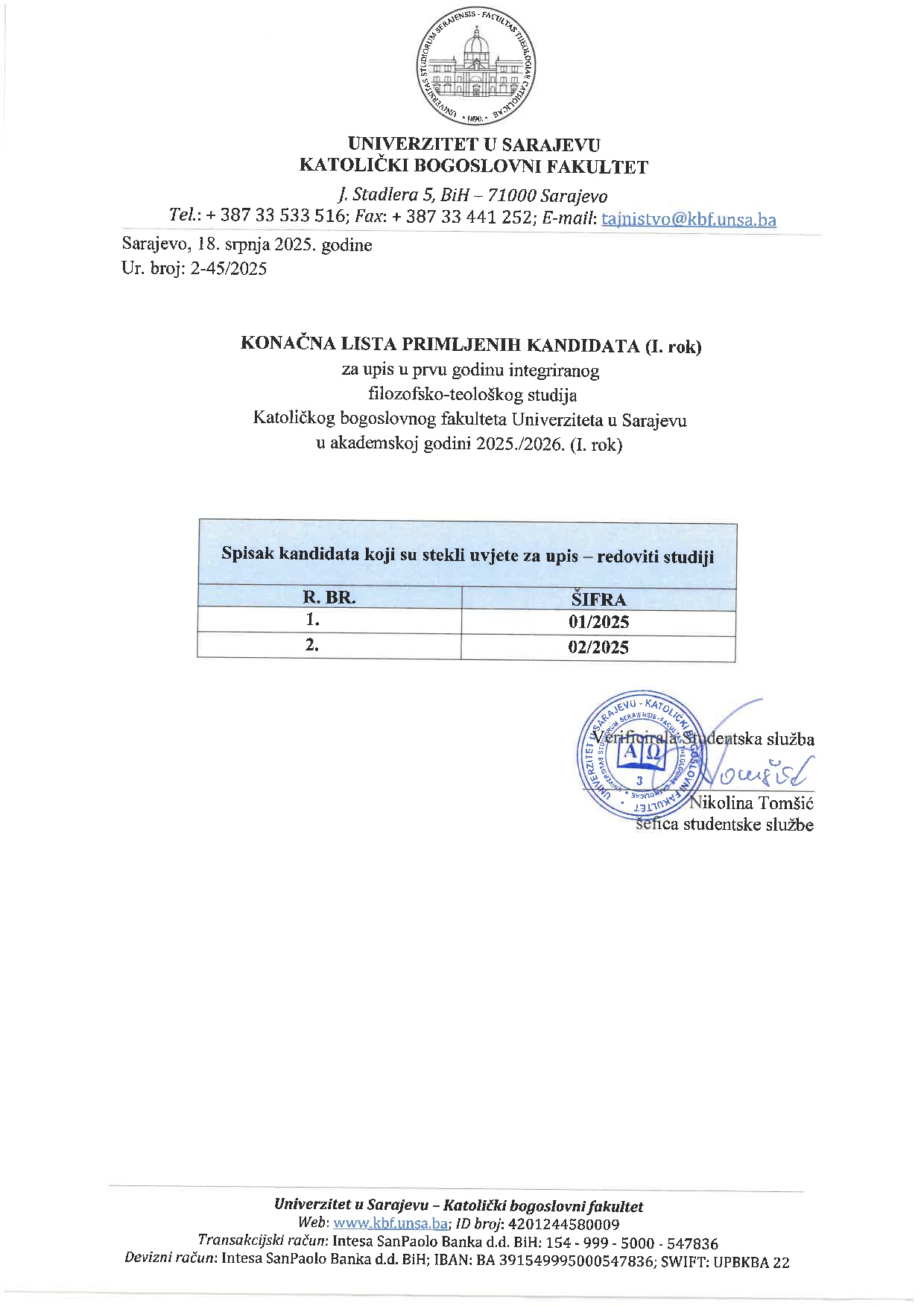 KONAČNA RANG LISTA UPISANIH KANDIDATA U PRVU GODINU STUDIJA ...